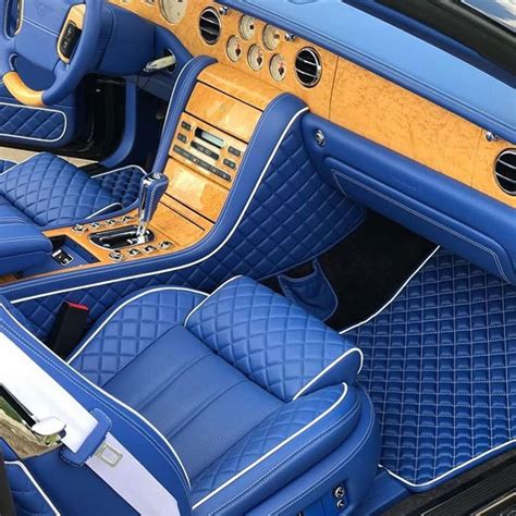 Custom Car Interior With Blue Leather And Wood Trims