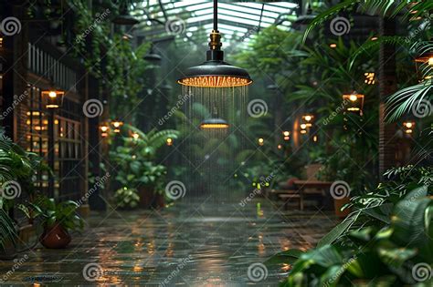 Rain Shower In Greenhouse With Lush Plants Generative Ai Stock