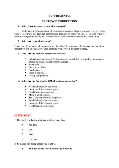 Sentance Currecition Sentence Correction Experiment Sentence Correction What Is Sentence