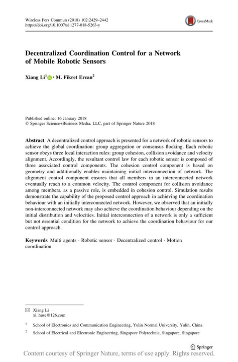 Decentralized Coordination Control For A Network Of Mobile Robotic