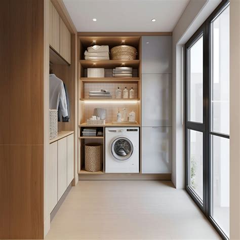 Modern Minimalist Laundry Room With Natural Light And Stylish Storage