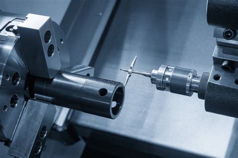 Close Up Scene The Modular Touch Probe Checking The Tube Parts On CNC Lathe Machine Stock Image