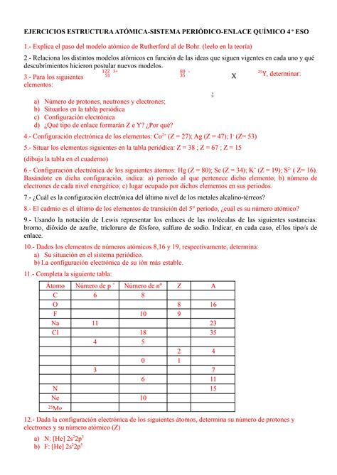 SOLUTION: Ejercicios estructura at mica y enlace quimico 4 eso docx - Studypool