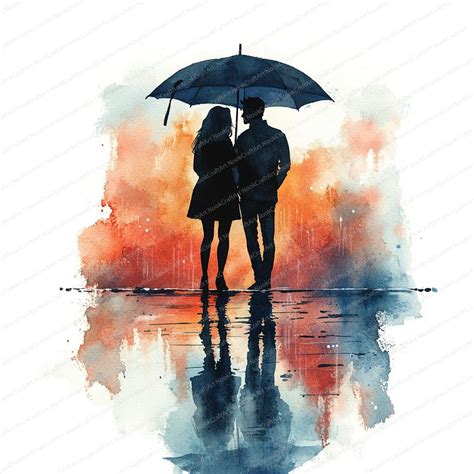 20 Rainy Day Couple Clipart Romantic Umbrella Scene Illustration