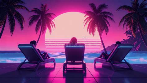 Tourists Relaxing On Futuristic Beach Chairs Watching Tropical Sunset