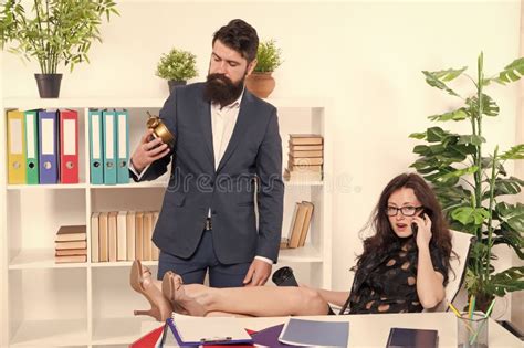 Time Is Short Start Now Bearded Man Hold Clock While Woman Talking On