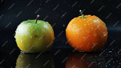 Premium Photo Fresh Green Apple And An Orange On A Reflective Surface And Black Background
