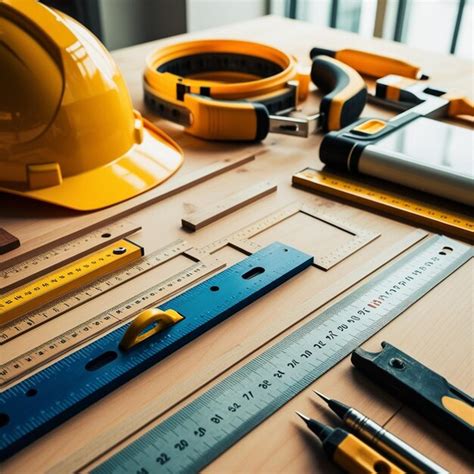 Construction Planning Tools And Blueprints High Quality Image Premium