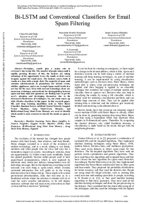 pdf bi lstm and conventional classifiers for email spam filtering