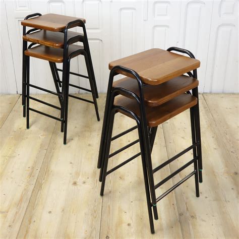 Vintage Reclaimed Iroko School Laboratory Stacking Stool Mustard Vintage