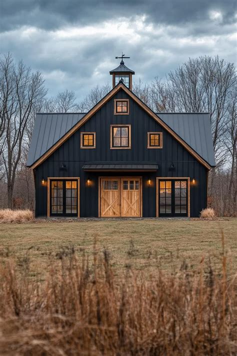 Modern Barn House With Charcoal Vertical Slats And Natural Wood Trim