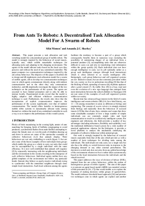Pdf From Ants To Robots A Decentalised Task Allocation Model For A