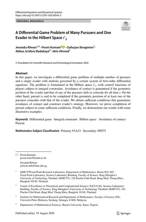 Pdf A Differential Game Problem Of Many Pursuers And One Evader In The Hilbert Space Ell 2
