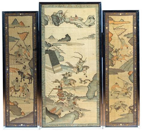 Bid Now Three Kesi Tapestry Textile Figural Panels With Gold Thread
