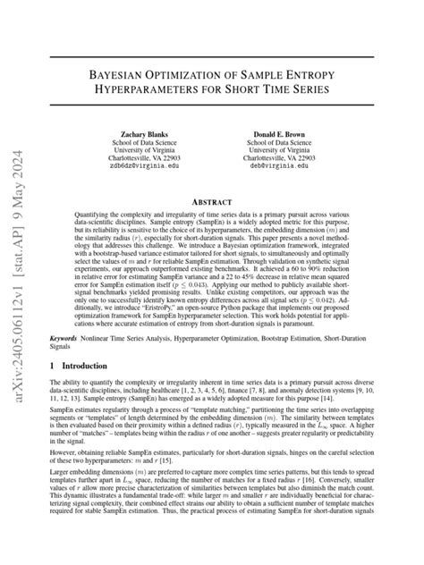 Bayesian Optimization Of Sample Entropy Hyperparameters For Short Time Series Pdf Mean