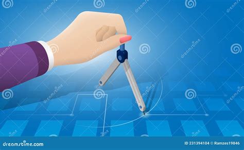 Concept Drawing Compass Divider For Sketching In Hand Of Engineer Or Designer Realistic