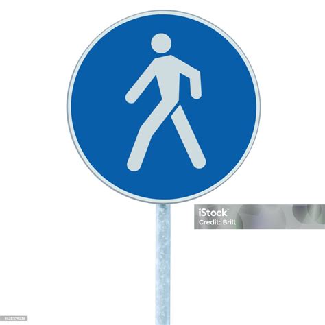 보행자 도보 차선 보도 도로 표지판 회색 극 포스트 큰 파란색 둥근 고립 된 경로 교통 길가 간판 흰색 프레임 수직 근접 촬영 회색 기둥 포스트 거리에 대한 스톡 벡터 아트