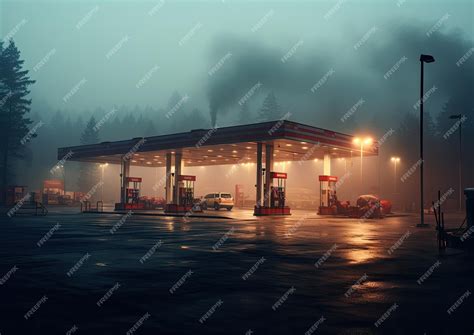 Premium Ai Image A Panoramic View Of A Gas Station At Dawn With Misty