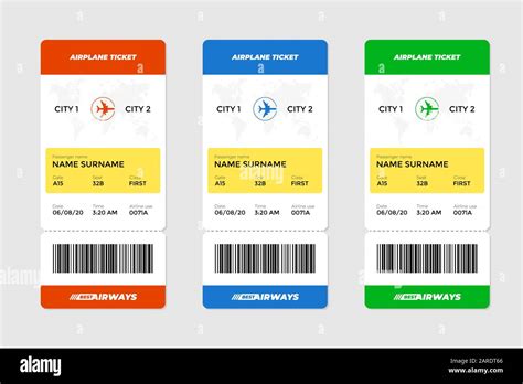 Realistic Airline Flight Ticket Boarding Pass Design Template Set With