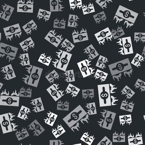 Grey Burning Dollar Bill Icon Isolated Seamless Pattern On Black