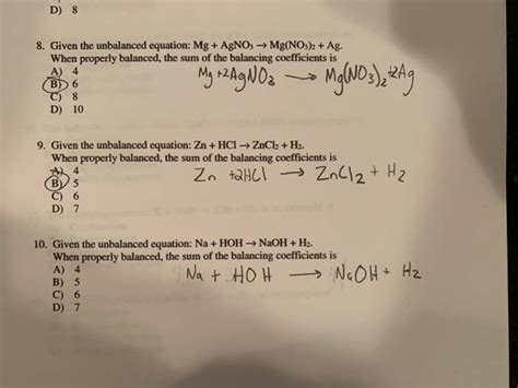 Solved D 8 8 Given The Unbalanced Equation Mg Agno3 Mg No3 2