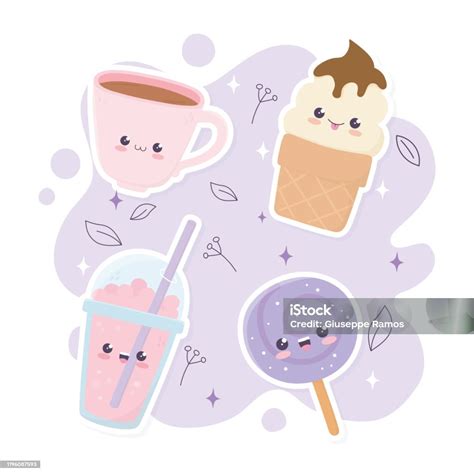 카와이 이 커피 컵 아이스크림 롤리팝 프라페 패스트 푸드 만화 밀크 셰이크에 대한 스톡 벡터 아트 및 기타 이미지 밀크 셰이크 카와이 건강에 좋지 않은 음식 Istock