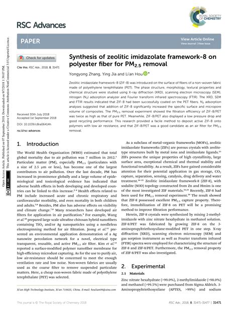 Pdf Synthesis Of Zeolitic Imidazolate Framework 8 On Polyester Fiber