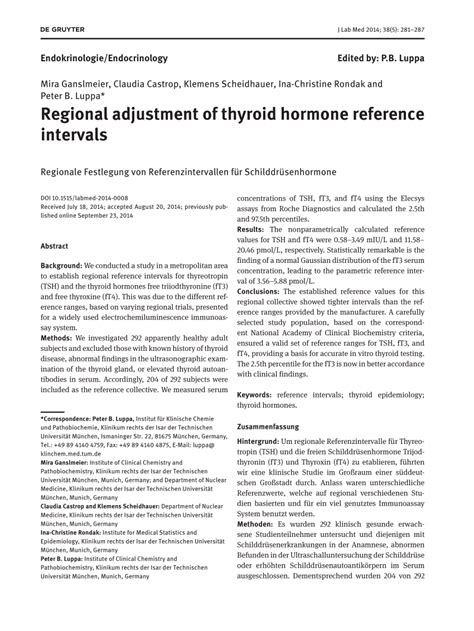 Pdf Regional Adjustment Of Thyroid Hormone Reference Intervals