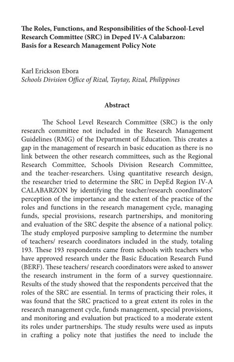 Pdf The Roles Functions And Responsibilities Of The School Level Research Committee Src In