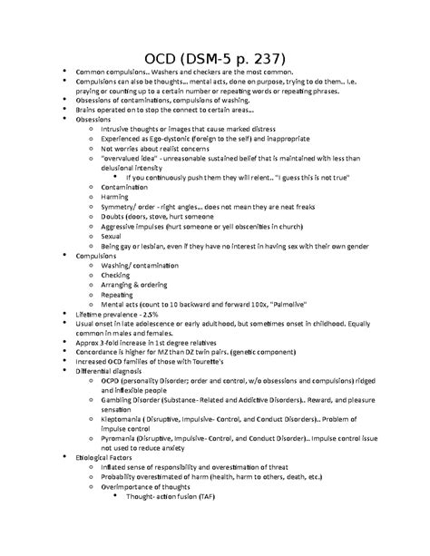 Ocd Notes Diagnosing Criteria And Prevalence Ocd Dsm 5 P 237