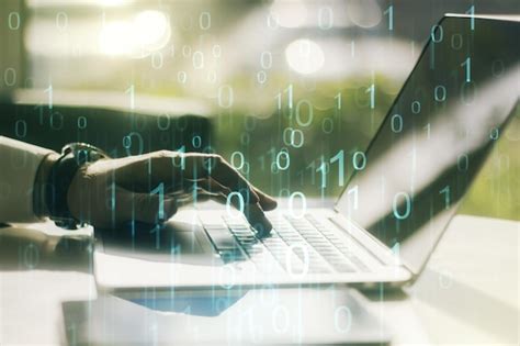 Premium Photo Creative Abstract Binary Code Hologram And Hands Typing On Computer Keyboard On