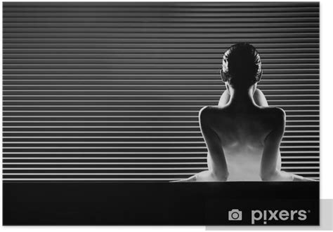 Poster Black And White Back View Artistic Nude On Striped Background
