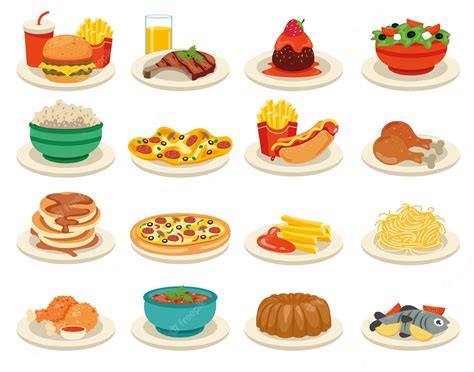 Illustrated Food Icons Set Fast Food Main Dishes And Desserts