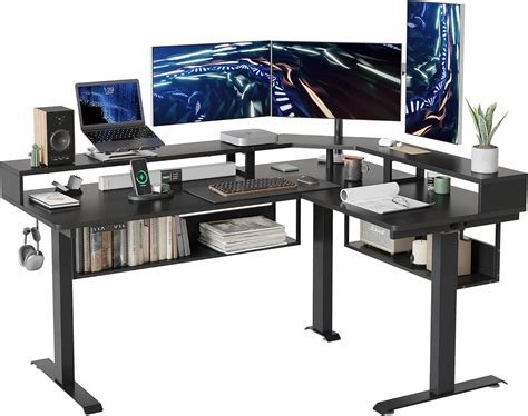 Fezibo 63inch L Shaped Standing Desk With Shelves Triple Motor
