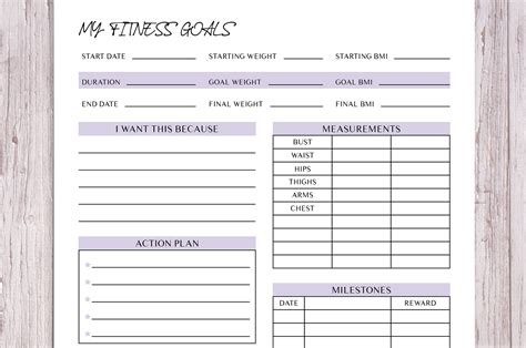 Fitness Planner Printable Fitness Goals Planner Page Insert Weight