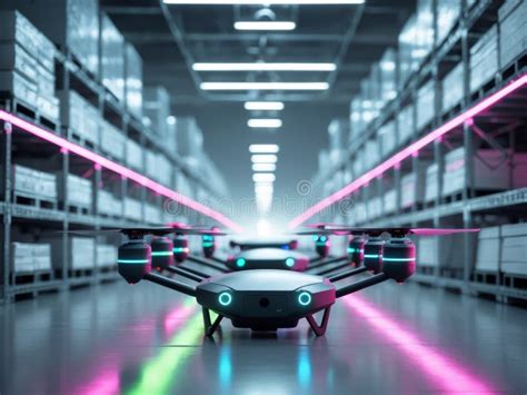 Robotic Delivery Drones In Futuristic Warehouse With Neon Lighting And