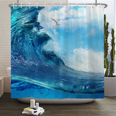 Ocean Sea Wave Print Bathroom Curtain Set Fabric Shower Curtains With