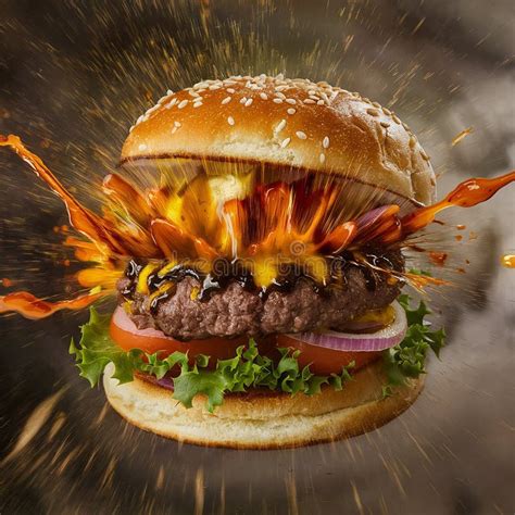 Explosive Burger Burst A Deliciously Dramatic Food Photo Stock