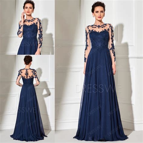 Formal Long Sleeves Navy Blue Lace And Chiffon Evening Gown China