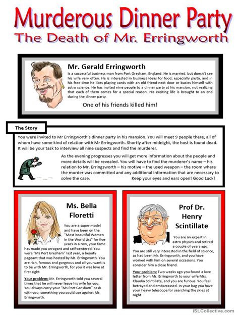 Murderous Dinner Party Roleplay Conversation Cards 7 Pages Pdf