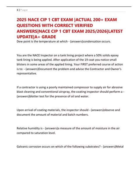 2025 Nace Cip 1 Cbt Exam Actual 200 Exam Questions With Correct