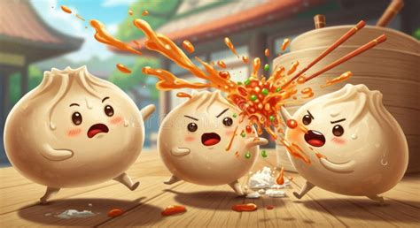 Animated Dumpling Food Fight With Playful Expressions And Vibrant