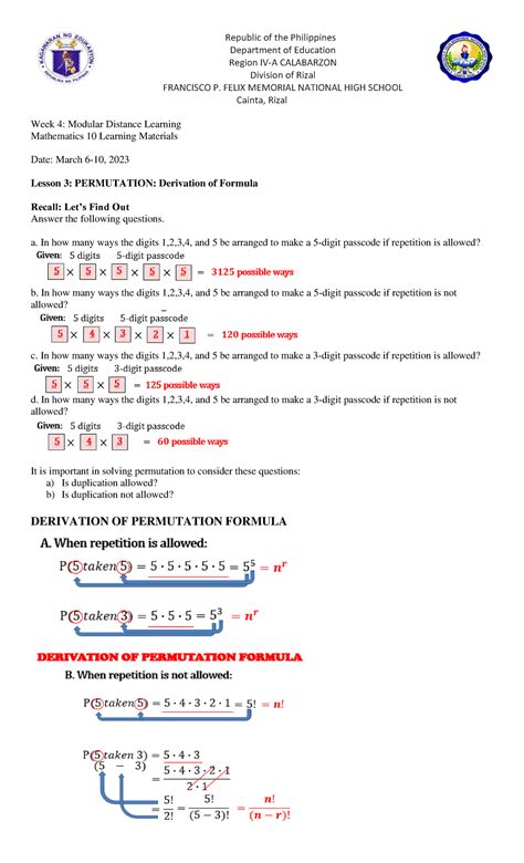 Grade 10 Mathematics Lesson For Mdl March 6 102023 Republic Of The Philippines Department Of