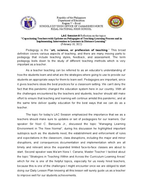 Lac Session Reflection 8 Pdf Pedagogy Teachers