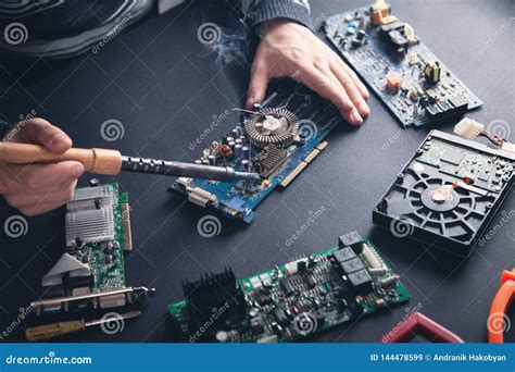 Computer Hardware Engineering Engineer Soldering Computer Motherboard Stock Image Image Of