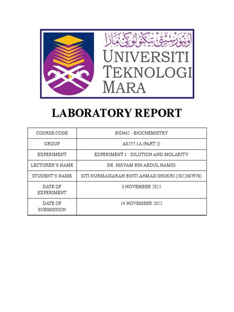 Lab Report 1 Bio462 Dilution And Molarity Pdf