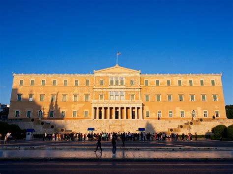 Greek Parliament Syntagma Facade In Sunset Colors Athens Greece