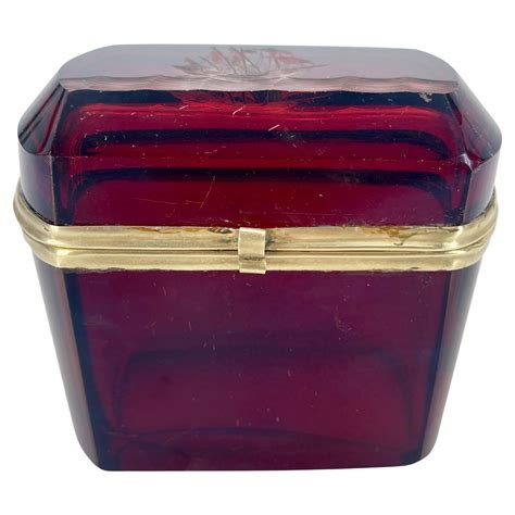 Italian Ruby Red Glass Jewelry Box With Sailboat Decoration For Sale At
