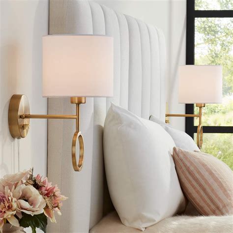 360 Lighting Amidon Warm Brass Drop Ring Plug In Wall Lamps Set Of 2