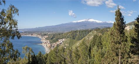 Taormina And Mt Etna Volcano In The Bacground Sicily Stock Image